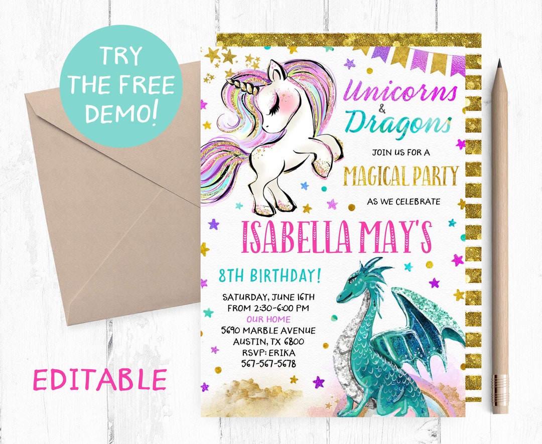 Editable Unicorns and Dragons, Unicorns and Dragons Instant Download ...