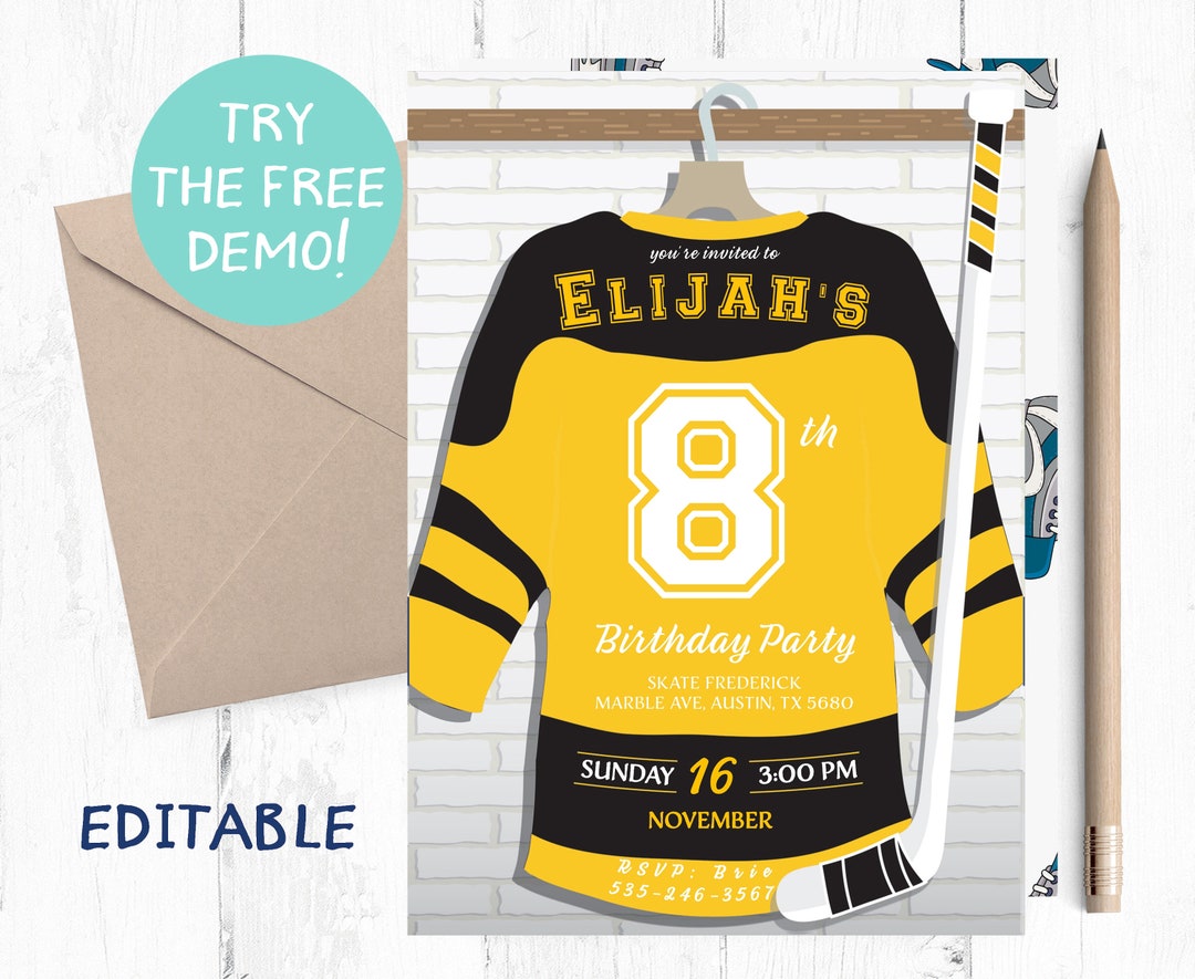 Hockey Birthday Party Invitation, Yellow Jersey, Editable Template (5x7 ...