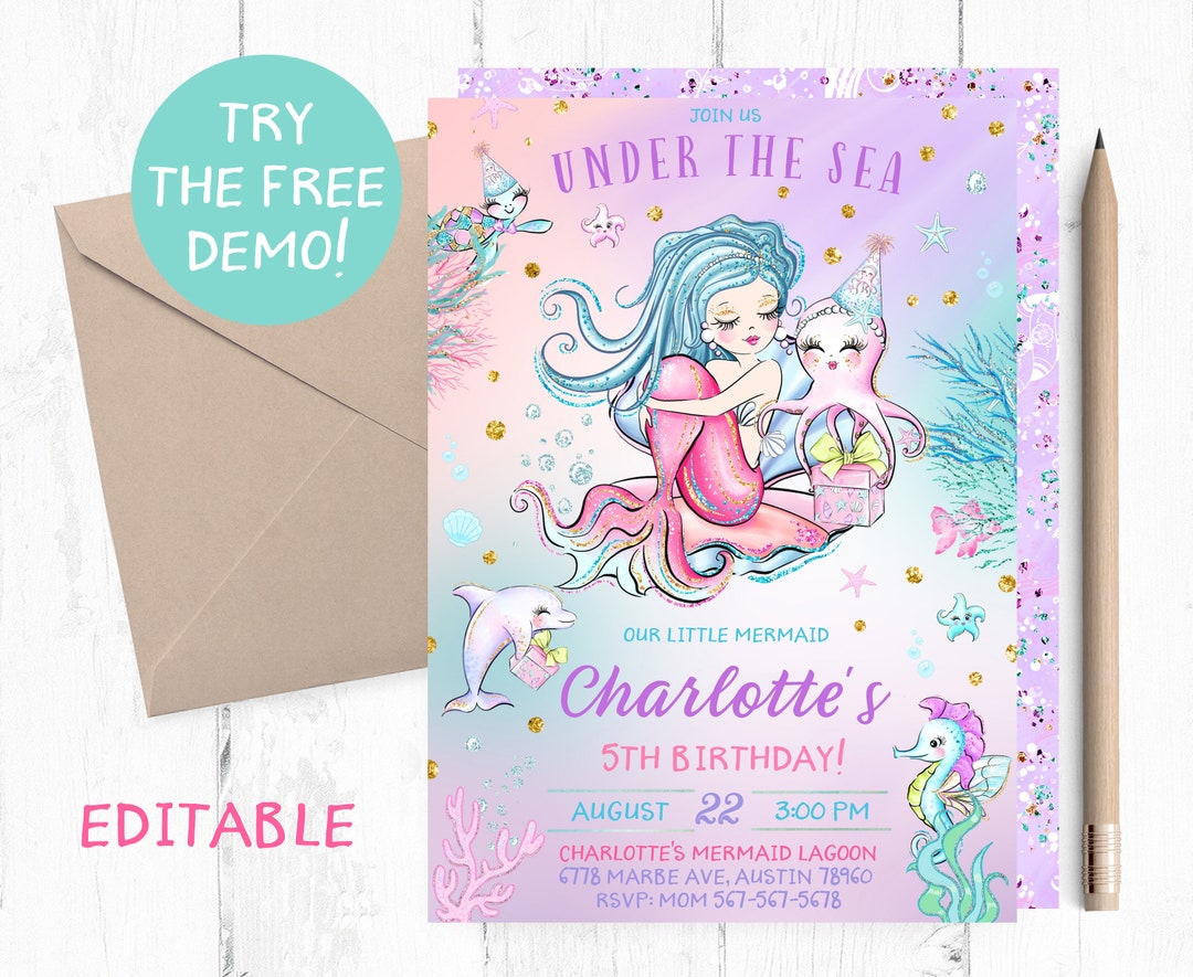 Blue Hair Mermaid Invitation, Mermaid Birthday Invitation Printable ...