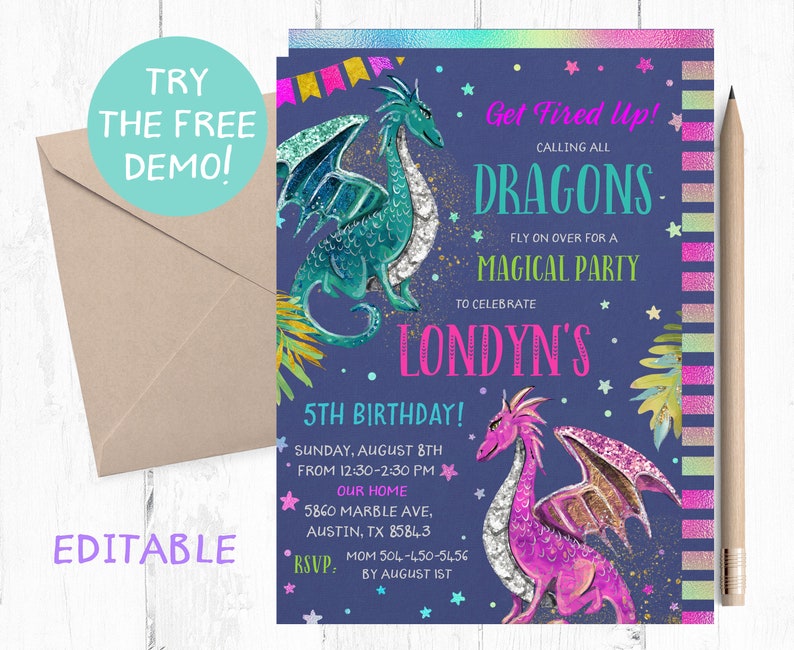 Editable Dragons Invitation Template Purple Dragon - Etsy