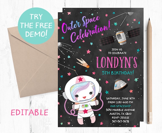 Outer Space Invitation Girl Astronaut Birthday Party Girl | Etsy