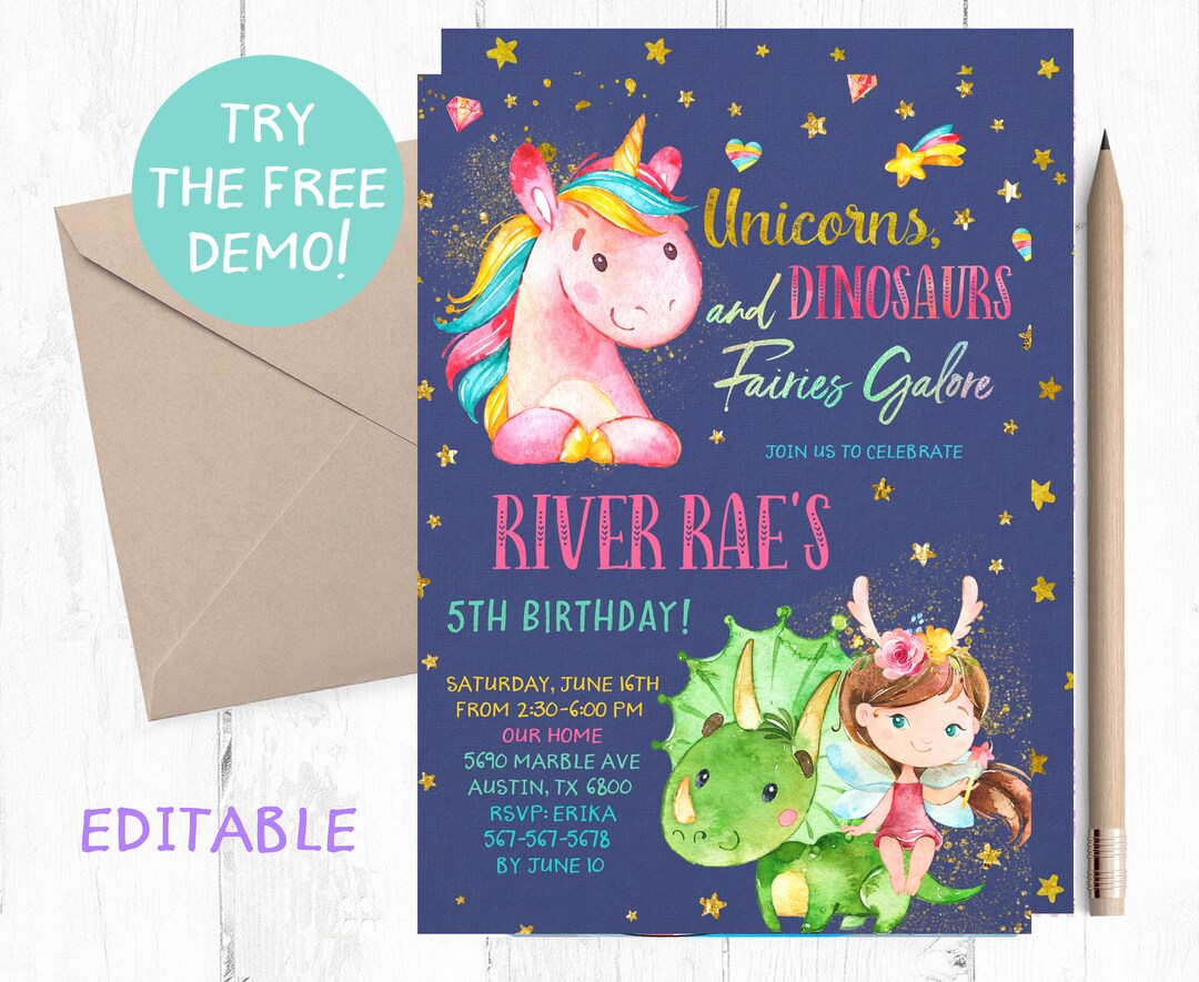 Editable Unicorns Dinosaurs and Fairies Invitation, Unicorn Fairy ...