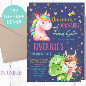 Editable Unicorns Dinosaurs and Fairies Invitation, Unicorn Fairy ...