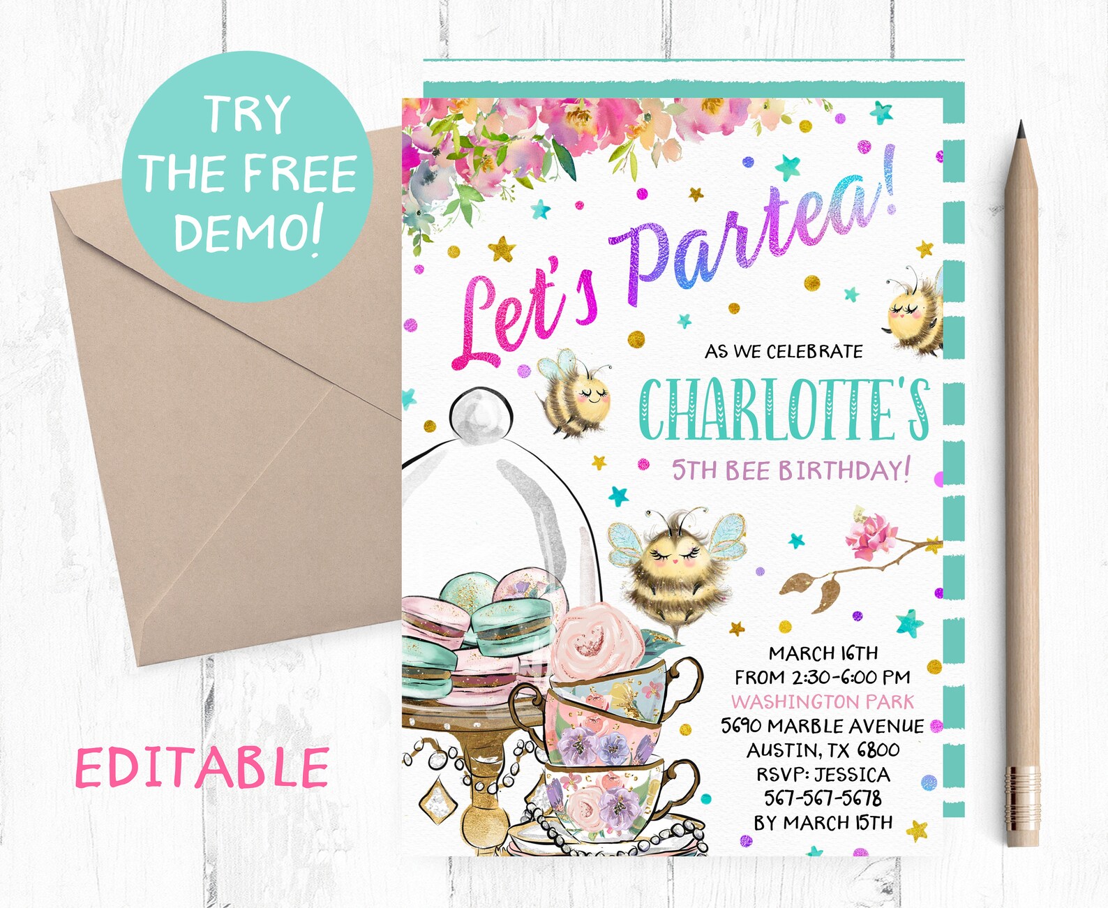 Editable Partea Invitation Tea Park Birthday Invitation Bee - Etsy