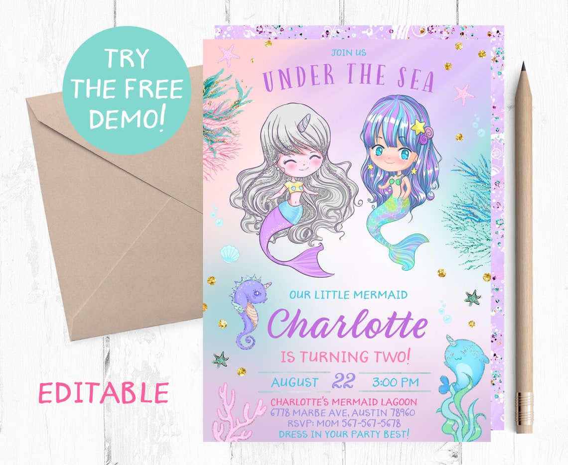 Cute Mermaids Invitations, Two Mermaids Invitation, Joint Mermaids ...