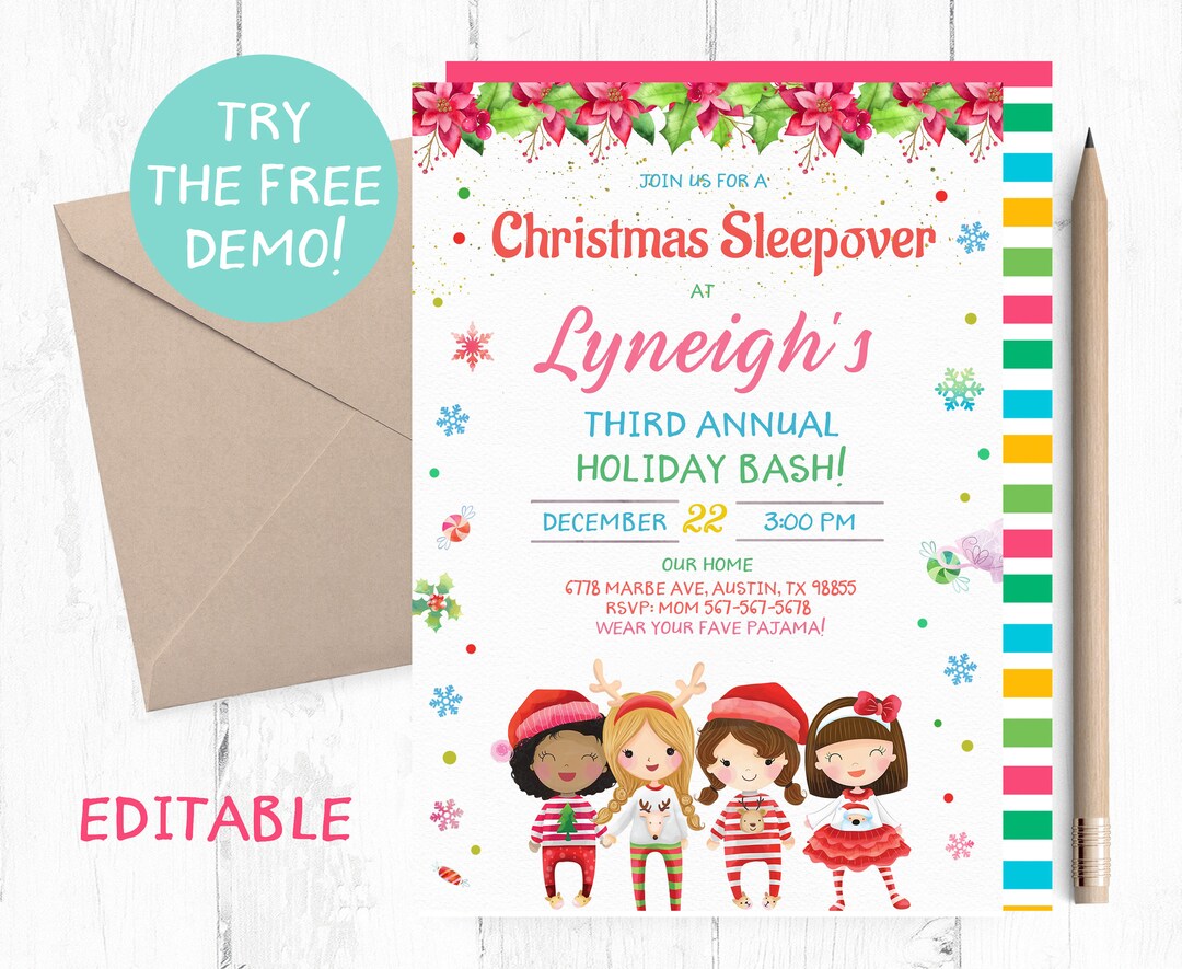 Editable Christmas Sleepover Invitation, Holiday Sleepover Invitation ...