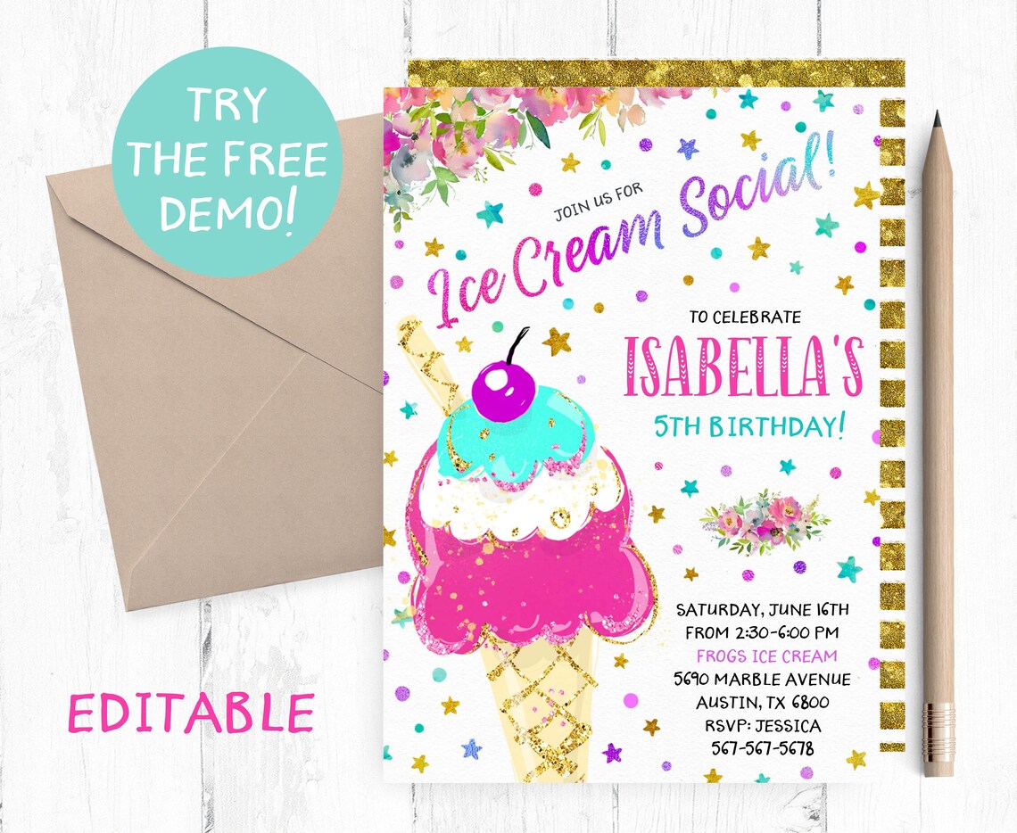 Editable Ice Cream Social Invitation, Ice Cream Social Editable ...