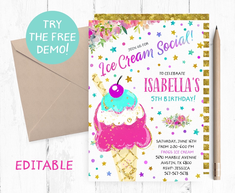Editable Ice Cream Social Invitation, Ice Cream Social Editable ...