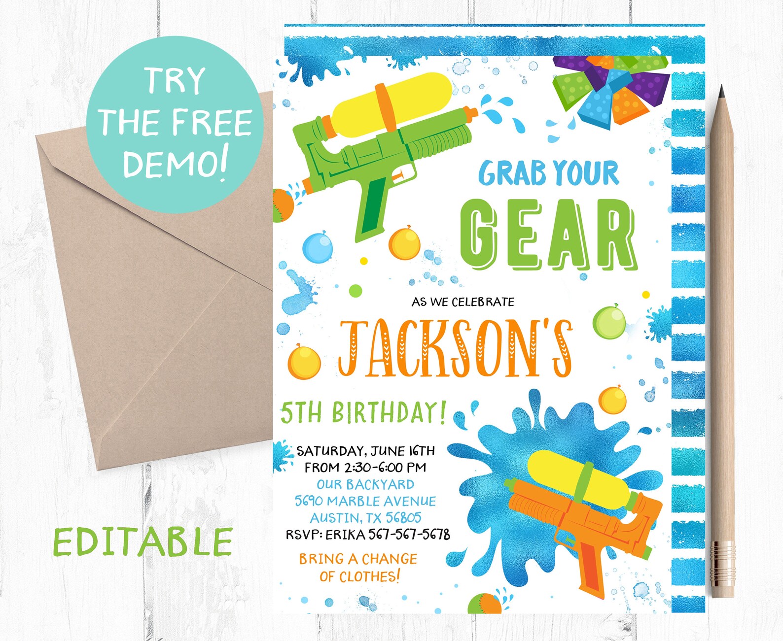 Water Gun Birthday Party Invitation Water Gun Invite Water - Etsy