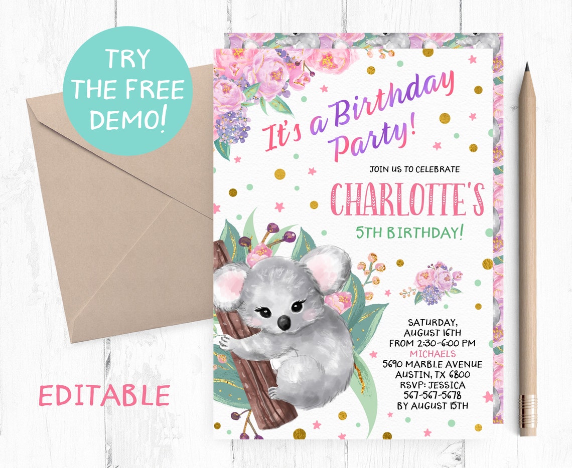 Floral Koala Birthday Invitation, Editable Template (5x7in, PDF) - Etsy