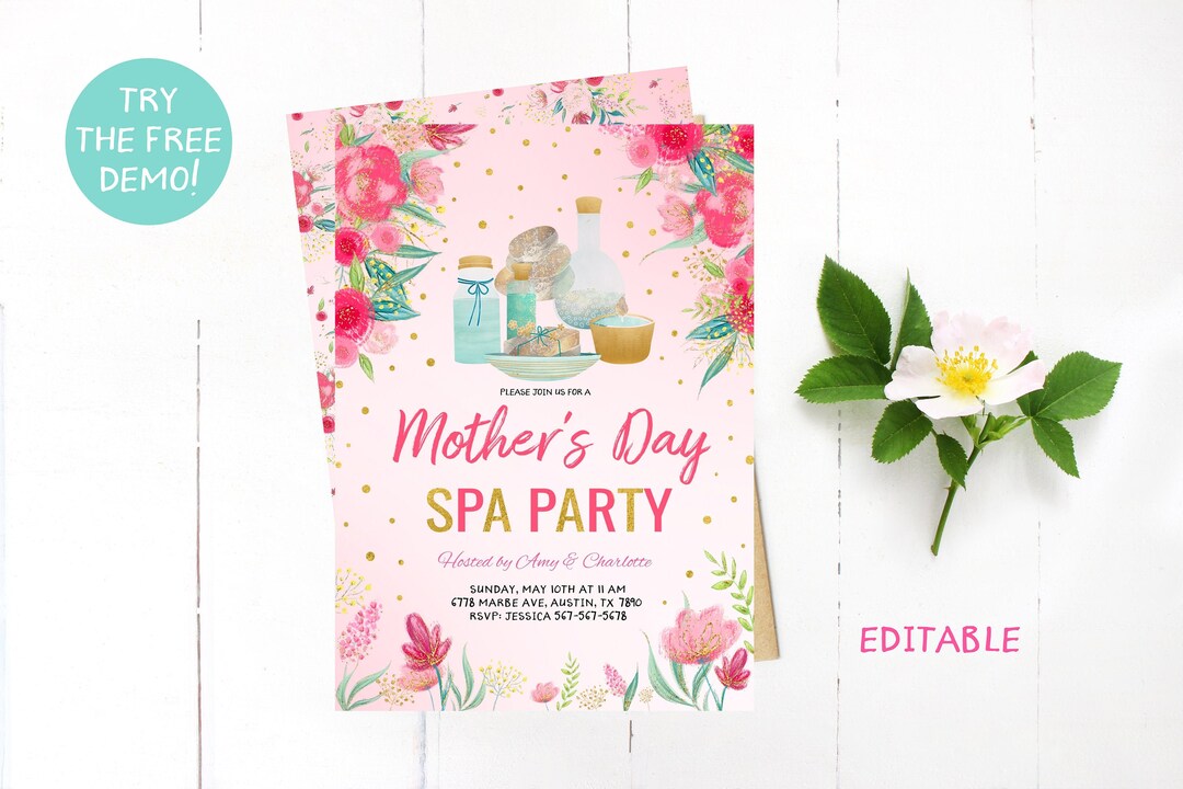 Editable Mother's Day Spa Party Invitation, Mother's Day Spa Party ...
