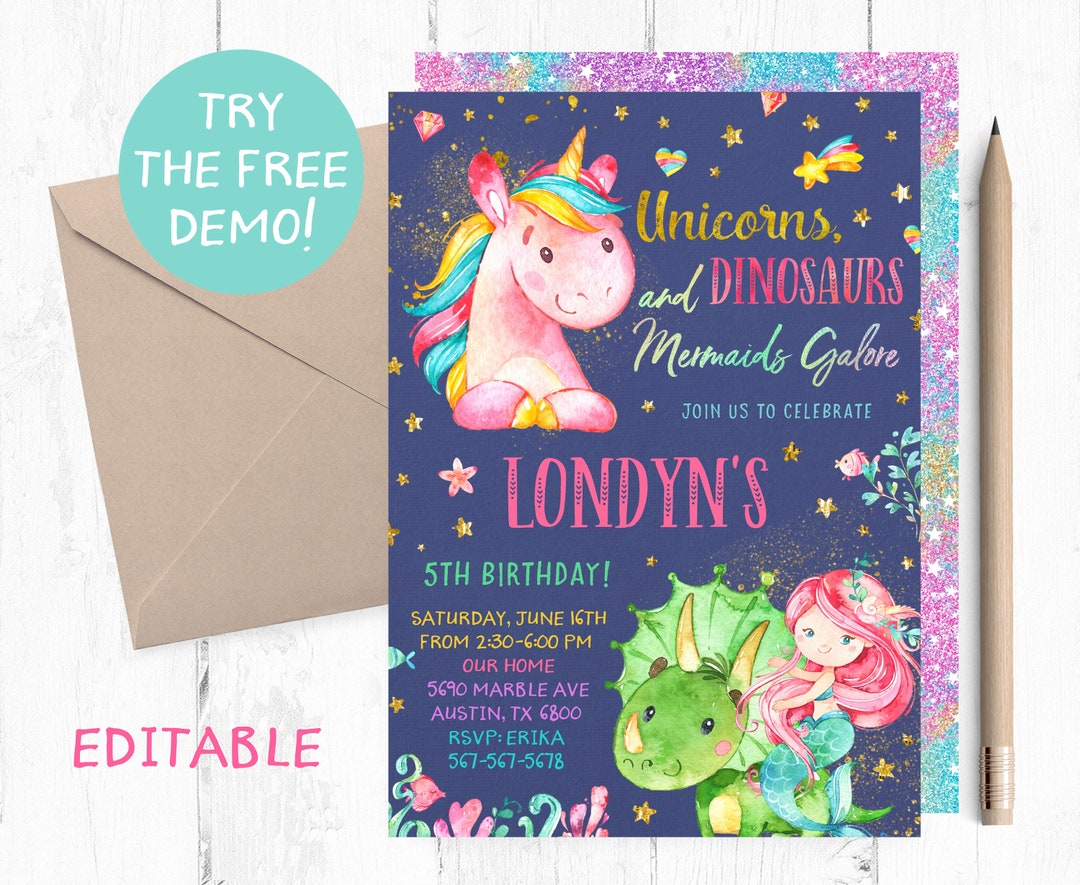 Unicorn Mermaid and Dinosaur Invitation, Unicorns Mermaids Dinosaurs ...