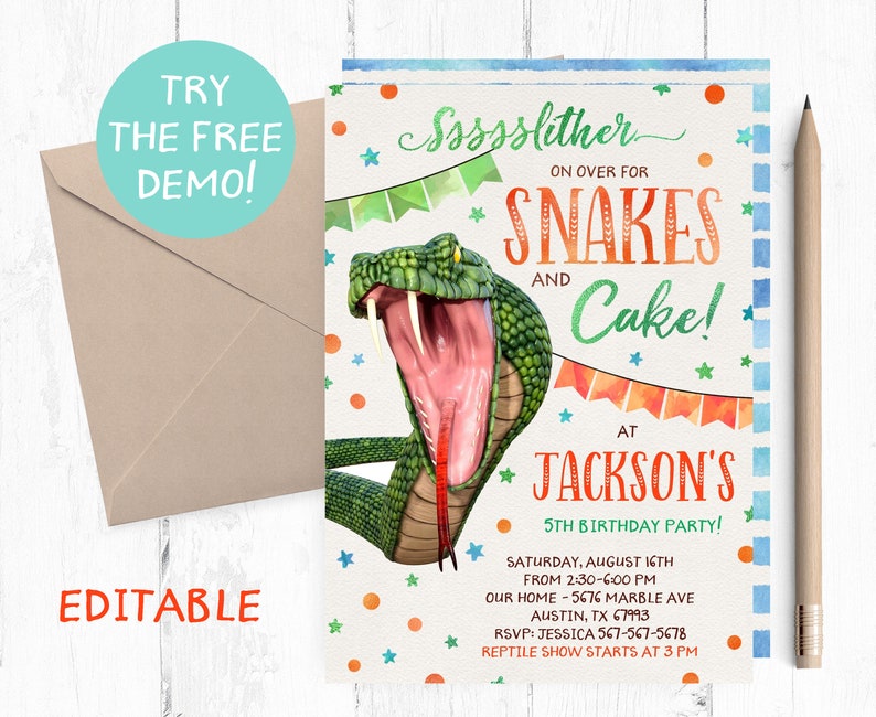 Editable Snake Birthday Invitation Snake Party Invitation | Etsy