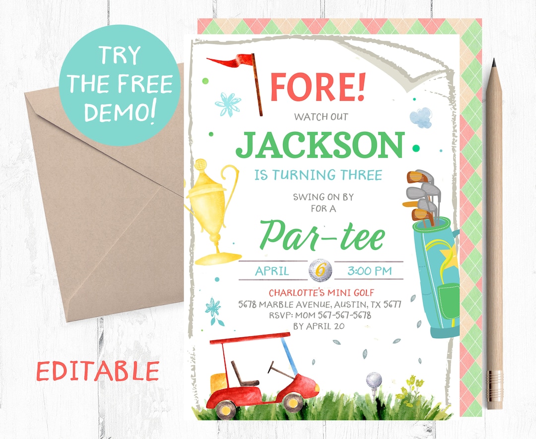 Editable Boy Mini Golf Invitation, Golf Boy Birthday Party Invitation ...