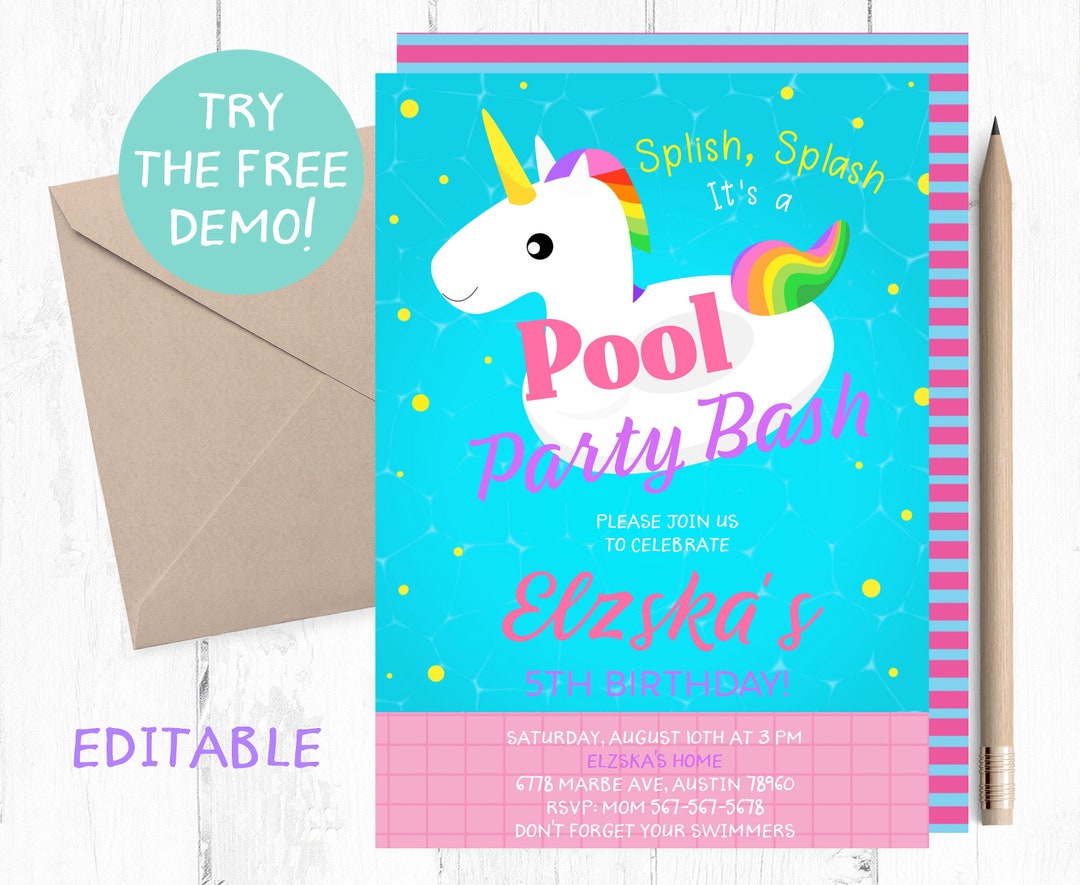 Inflatable Unicorn Pool Party Invitation, Pool Birthday Party Printable ...
