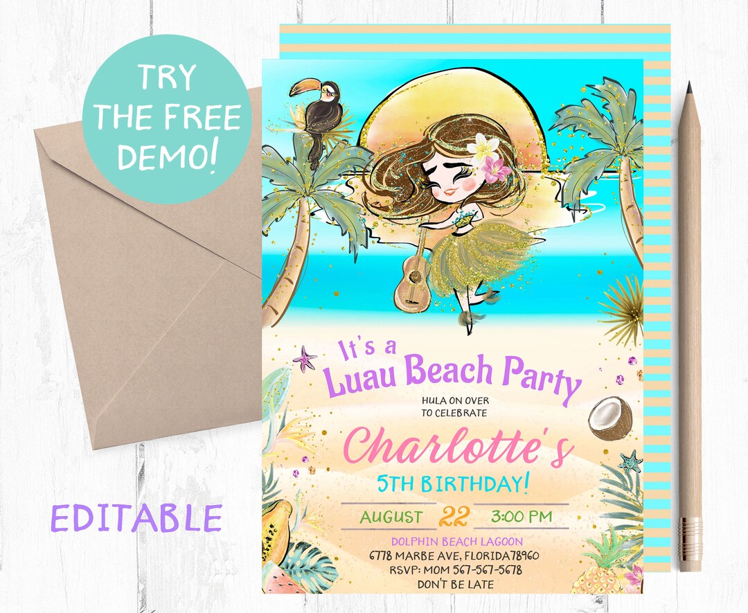 Editable Beach Luau Party Invitation, Brunette Girl Beach Luau Template ...