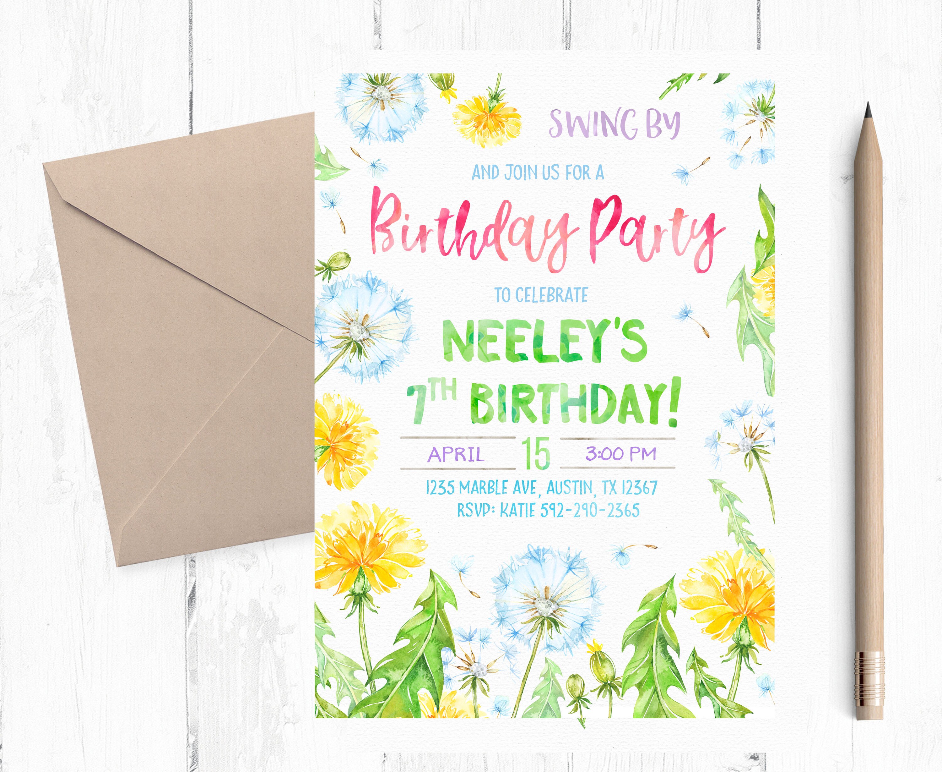 Dandelion Birthday Invitation Dandelion Invitations | Etsy