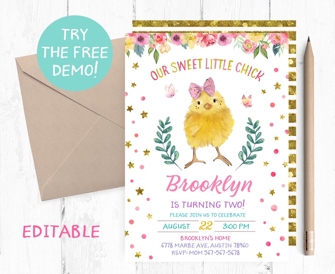 Spring Birthday Invitation Girl Little Chick Invitations | Etsy