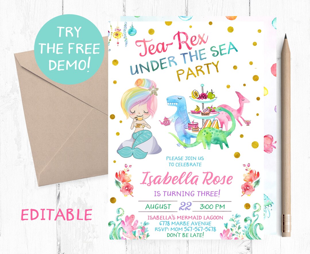 Editable Mermaid Tea Rex Invitation, Tea Rex Under the Sea Party ...