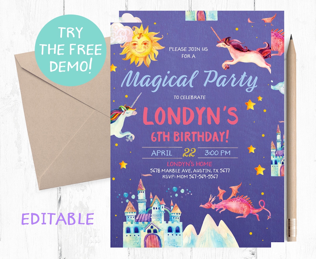 Magical Birthday Invitation, Unicorns and Dragons Invitations, Unicorn ...