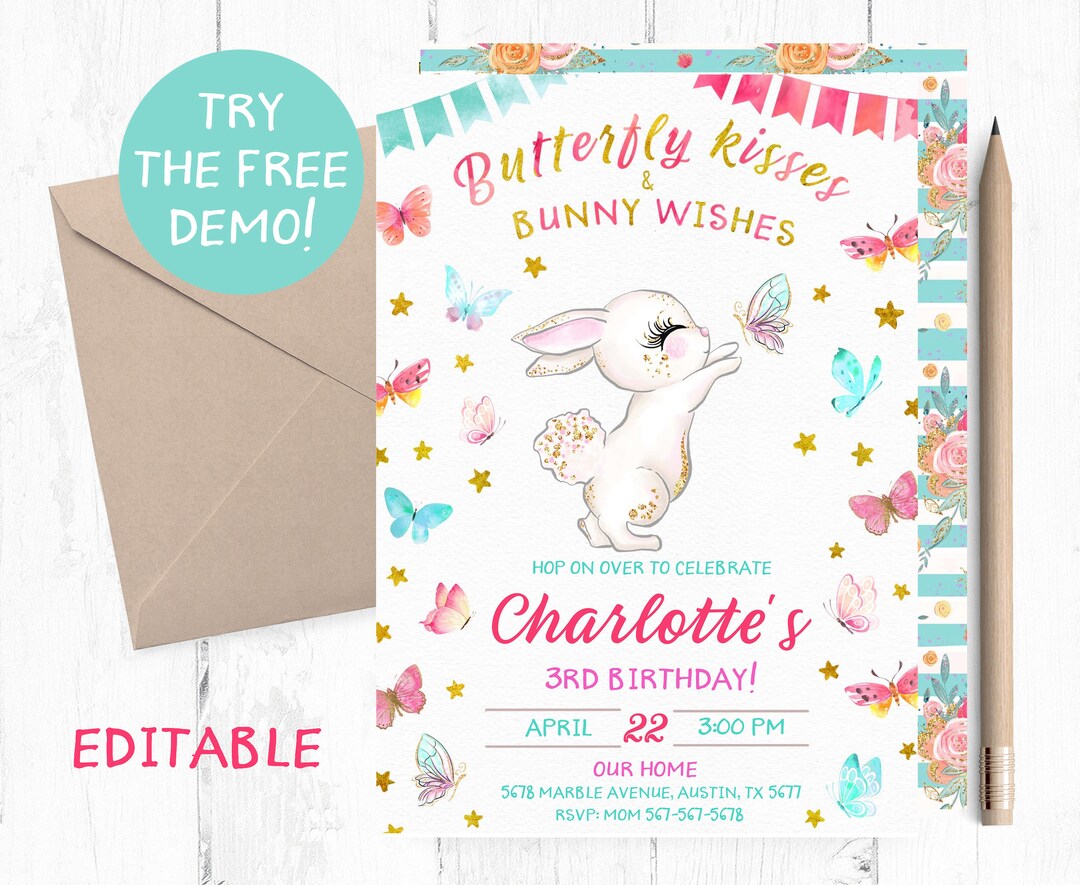 EDITABLE Bunny Invitation, Bunny Birthday Party Invitations, Butterfly ...