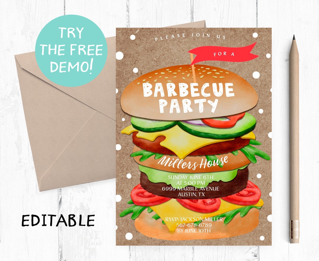 Editable BBQ Burger Party Invitation, Burger Barbecue Party Invites ...