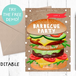 Editable BBQ Burger Party Invitation, Burger Barbecue Party Invites ...