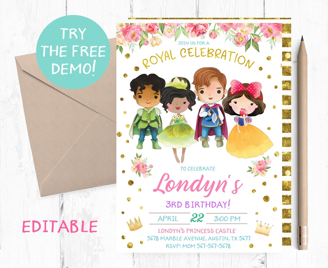 Princesses Prince Invitation, Princess Prince Birthday Party, Princess ...