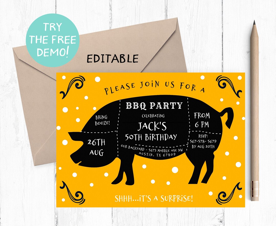Editable Hog Roast Invitation, Pig Roast Party Invitation, BBQ Hog ...