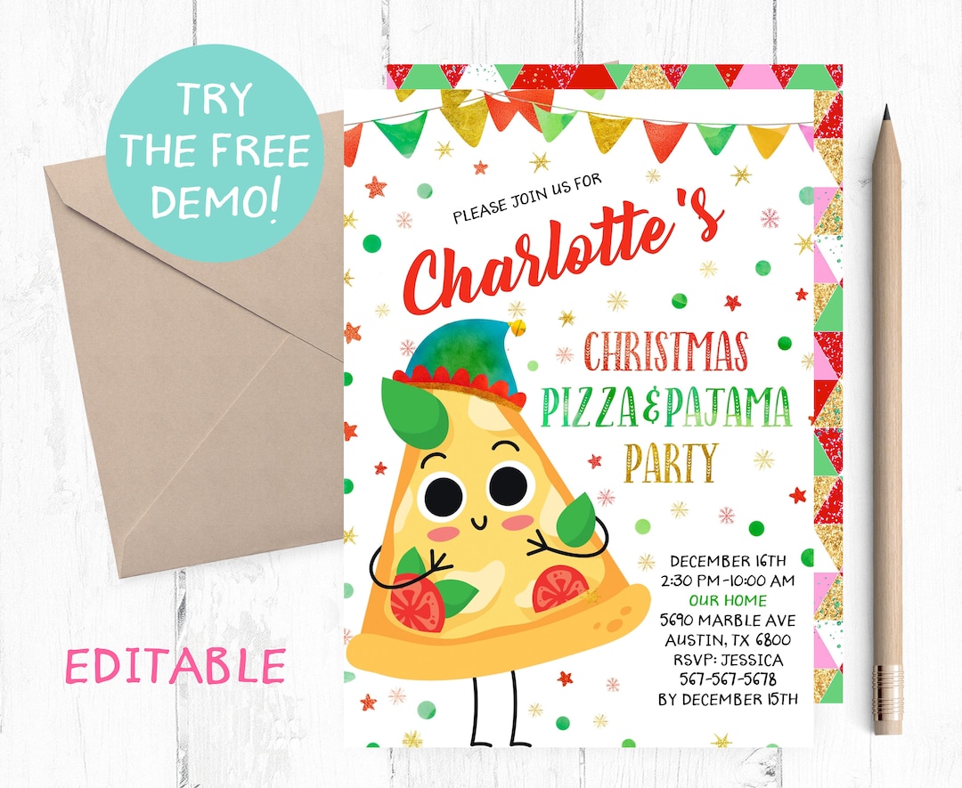 Editable Christmas Pizza Party Invitation, Pizza and Pajama Holiday ...