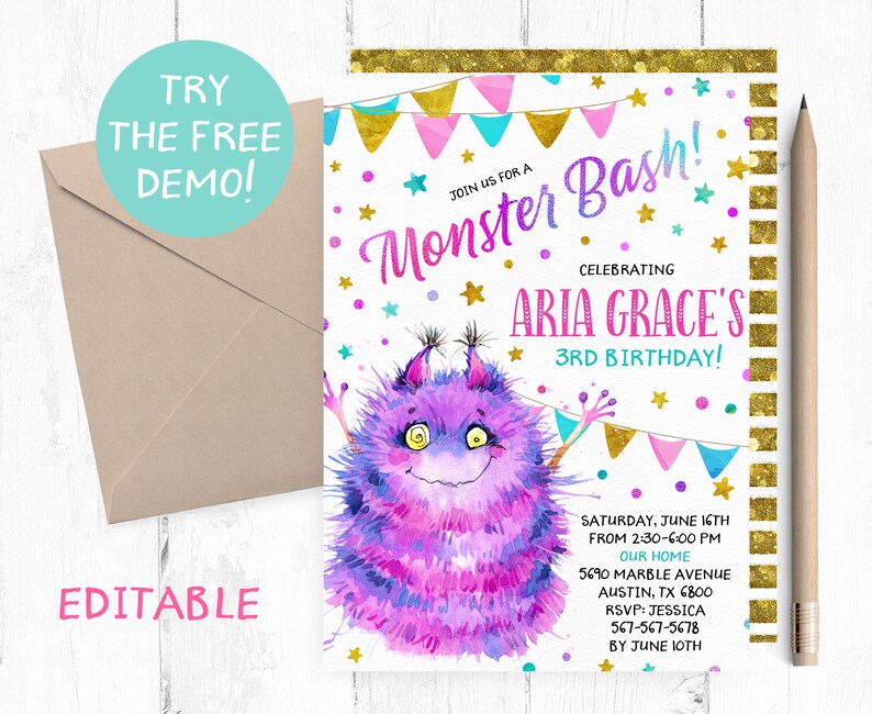 Editable Monster Invitation Girl Monster Invitation Monster - Etsy
