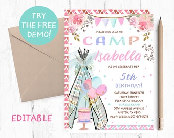 Editable Glamping Invitation Glamping Girl Instant | Etsy UK