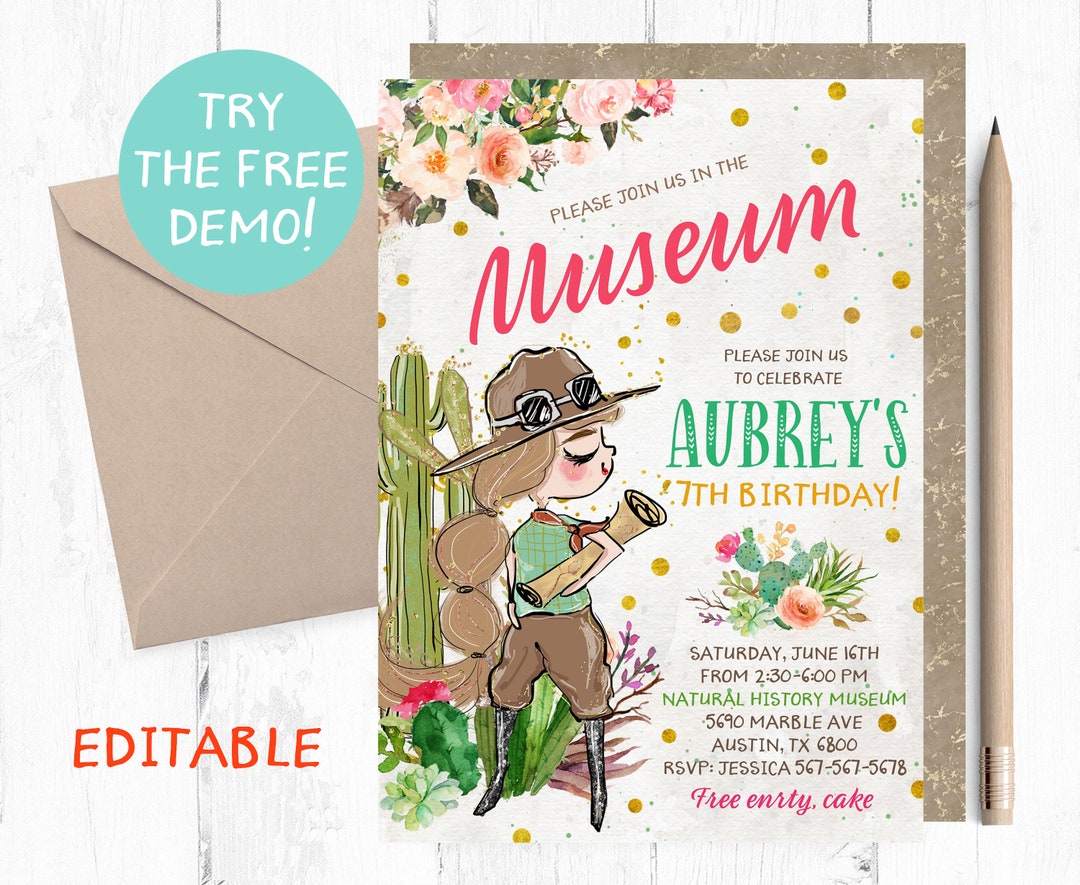 Editable Natural History Museum Invitation, Paleontologist Blonde Girl ...