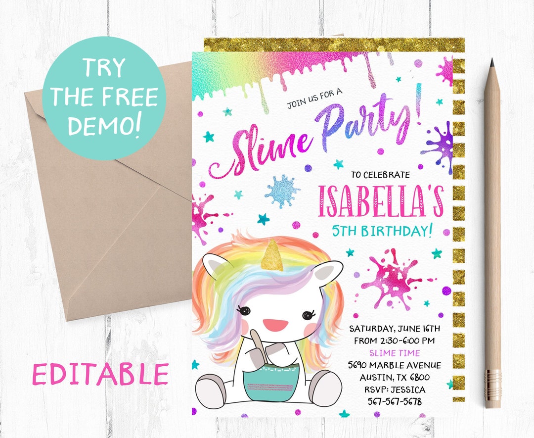 Editable Slime Invitation, Slime Editable Template, Unicorn Slime Party ...