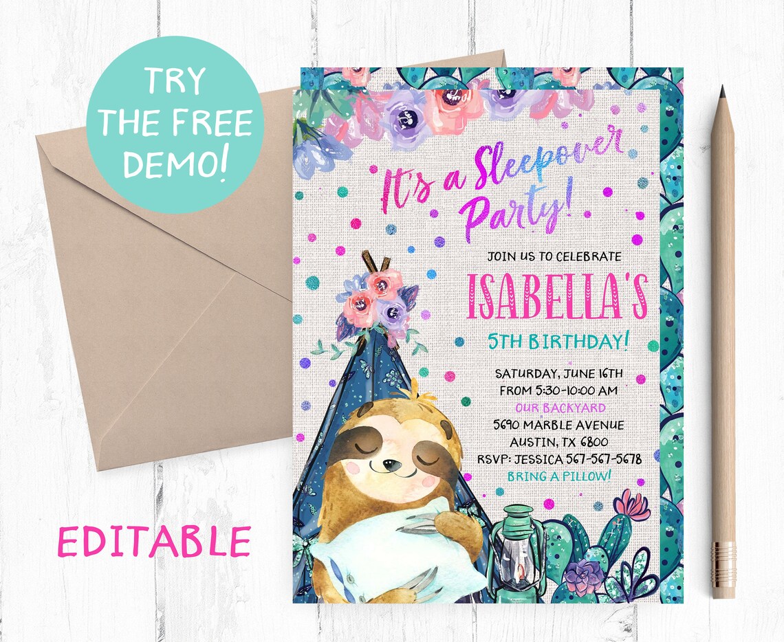 Editable Sloth Teepee Invitation Sloth Sleepover Invitation - Etsy