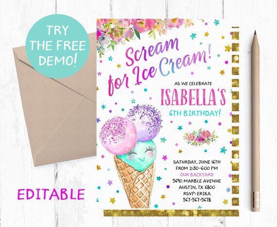 Editable Scream for Ice Cream Invitation Scream for Ice Cream - Etsy