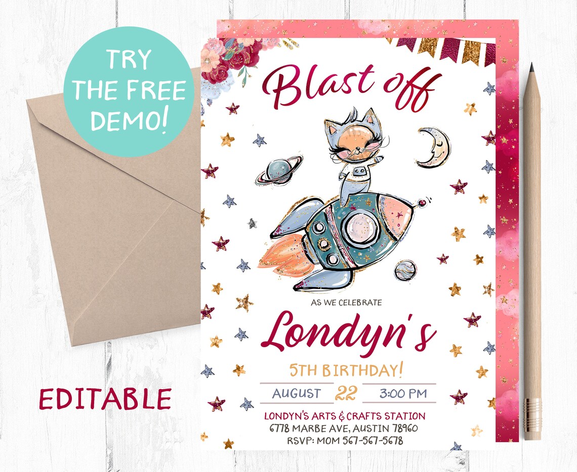 Girl Space Invitation Outer Space Invitations Girl Rocket - Etsy