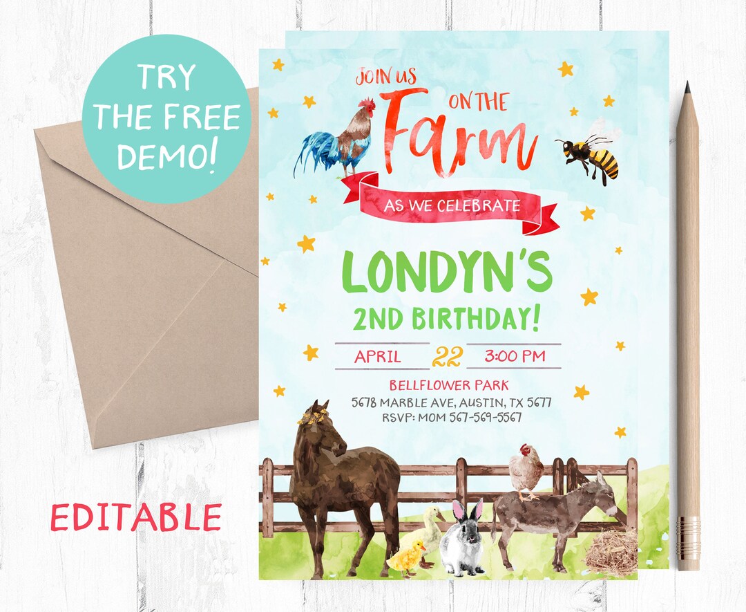 Farm Birthday Invitation, Farm Birthday Party, Farm Invitations, Farm ...