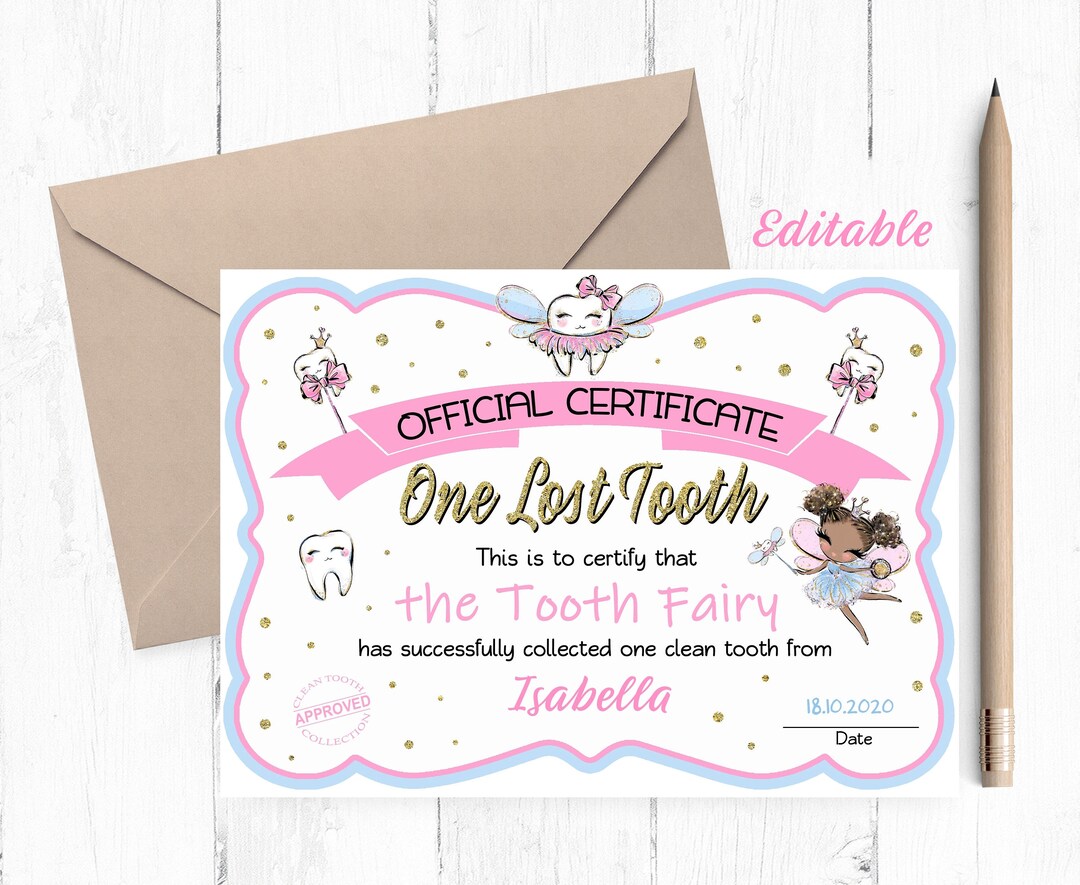 EDITABLE Black Tooth Fairy Certificate, Tooth Fairy Certificate ...