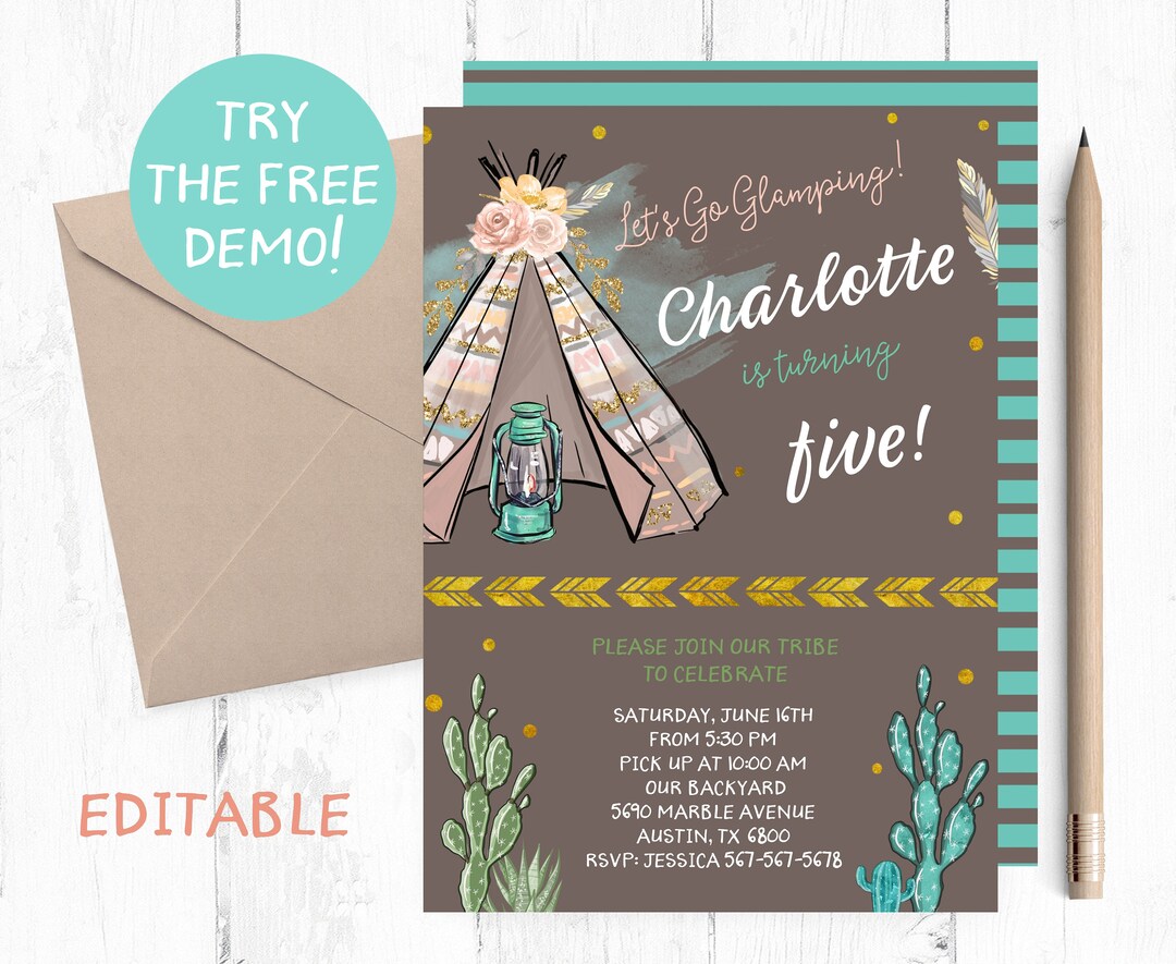 Editable Teepee Instant Template, Teepee Birthday Party Invitation, Glamping Invitation ...