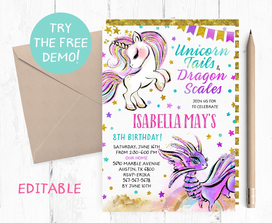 Editable Unicorns and Dragons Template, Unicorns and Dragons Birthday ...