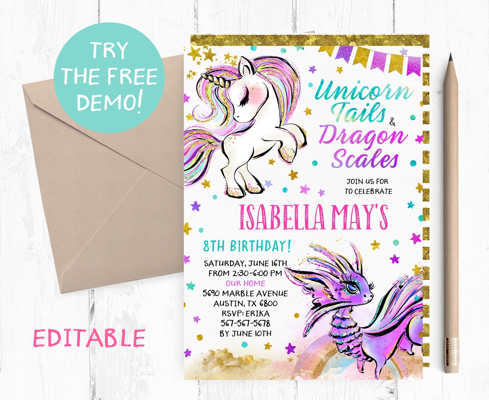 Editable Unicorns and Dragons Template Unicorns and Dragons - Etsy