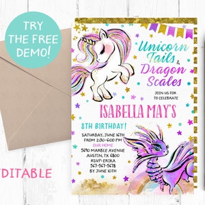 Editable Unicorns and Dragons Template, Unicorns and Dragons Birthday ...