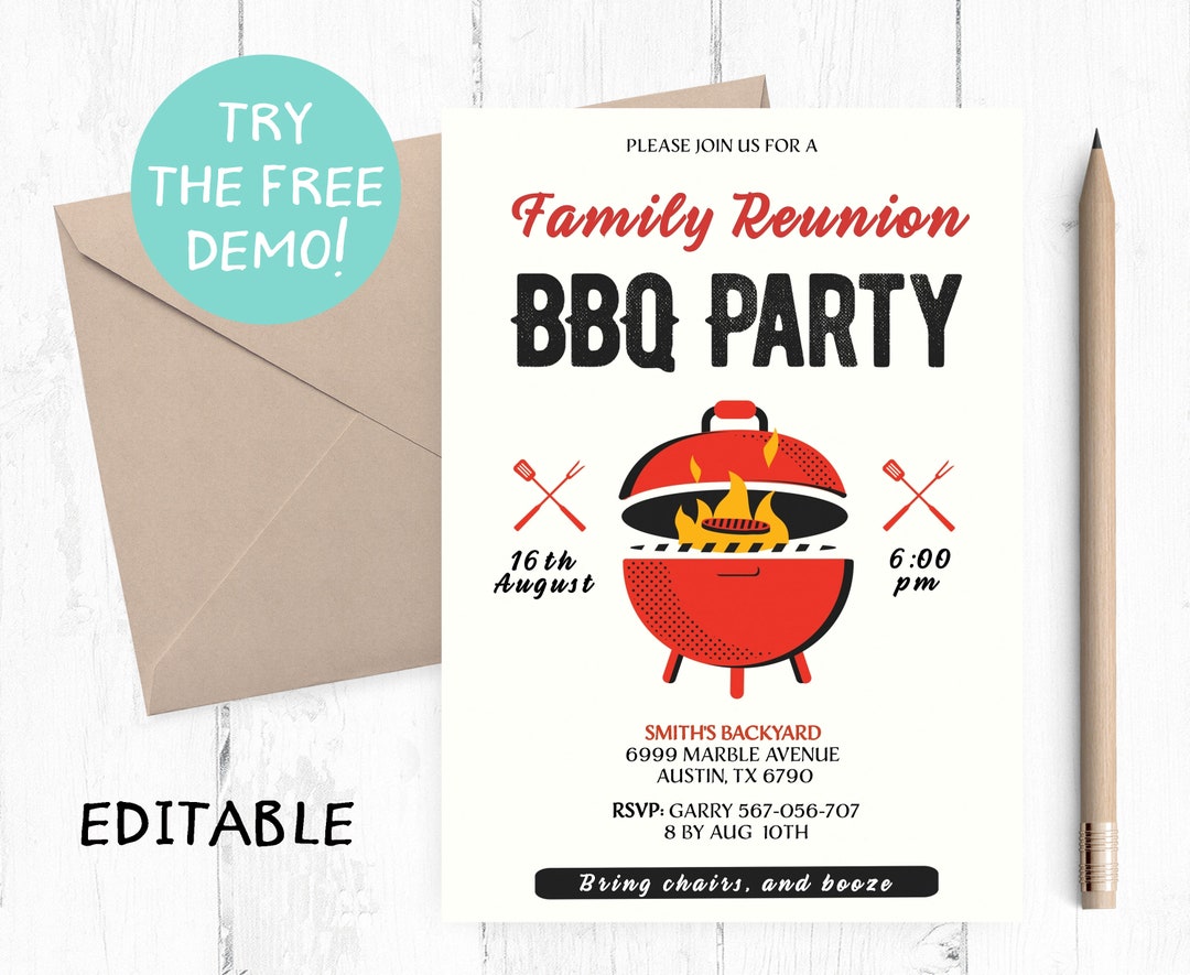 Editable Family Reunion BBQ Invitation, Family BBQ Party Invitation ...