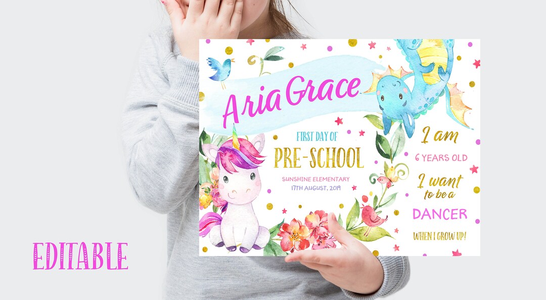 First Day of Pre-school Sign, Unicorn First Day of Preschool Sign ...
