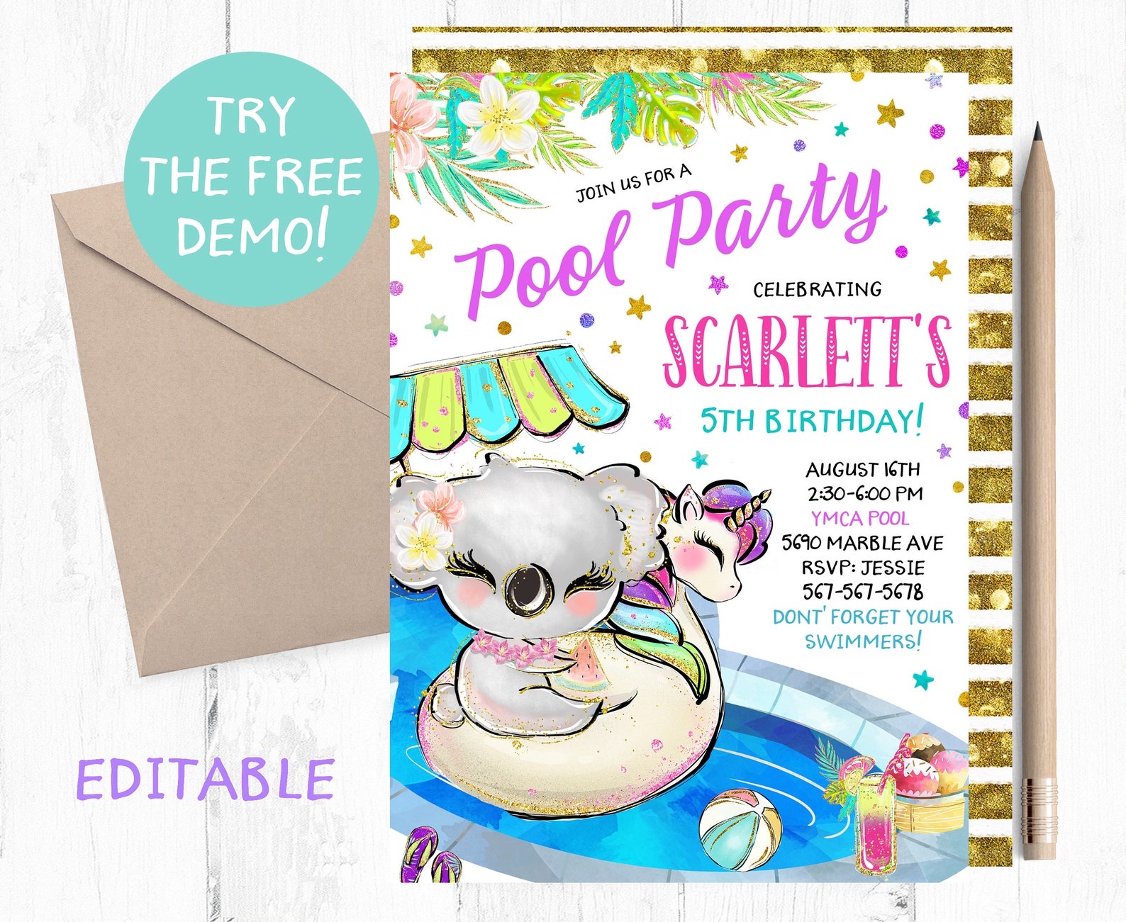 Editable Koala Pool Party Invitation Koala Pool Party Instant - Etsy