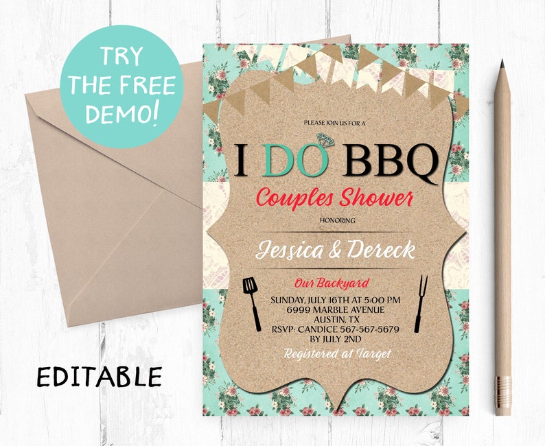 Editable Rustic I DO BBQ Invitation, BBQ Couples Shower Template, Bbq ...