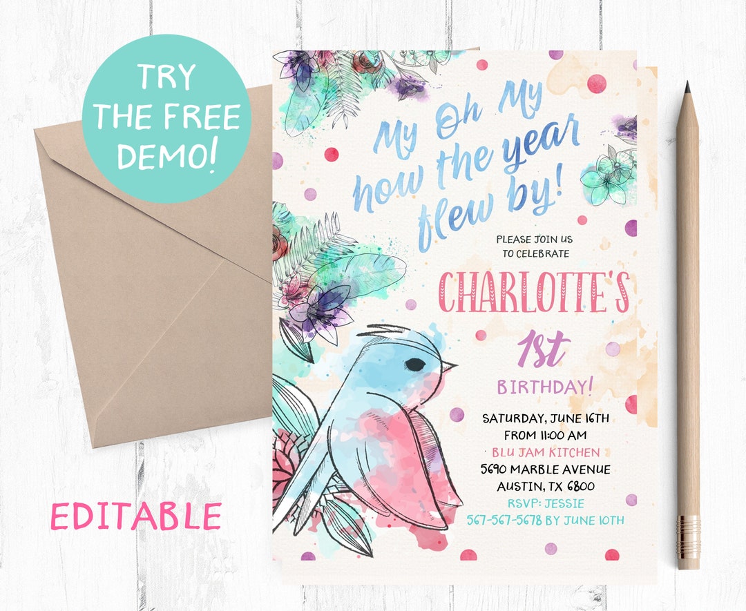 Editable Little Bird Invitation, Bird Birthday Party Invitation, Birds ...