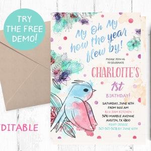 Editable Little Bird Invitation, Bird Birthday Party Invitation, Birds ...