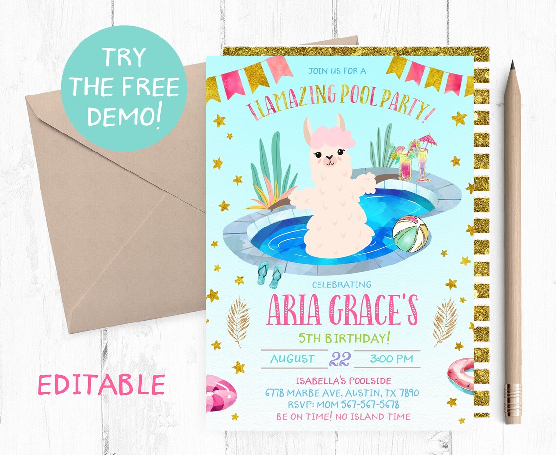 Editable Llama Pool Party Template Llamazing Pool Party Bash - Etsy